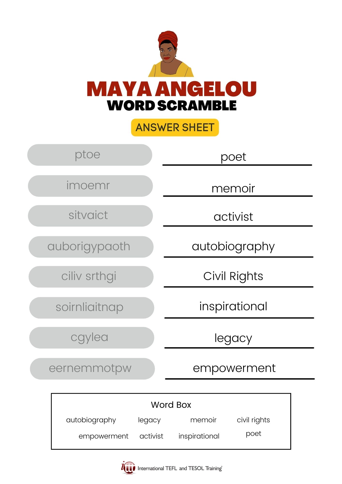Ma﻿ya An﻿gelou Vocabulary EFL Word Scramble | ️ ️ ️ ITTT